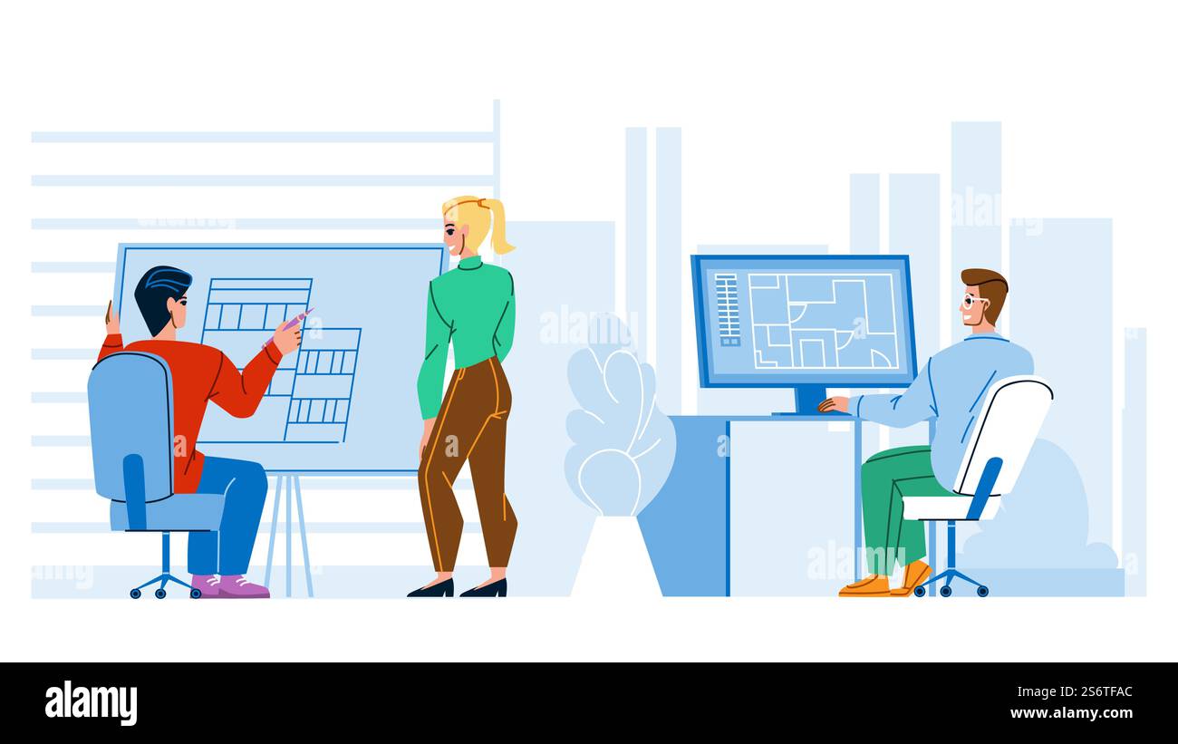 Architect Man And Woman Work At Workspace Vector. Architect Workers ...