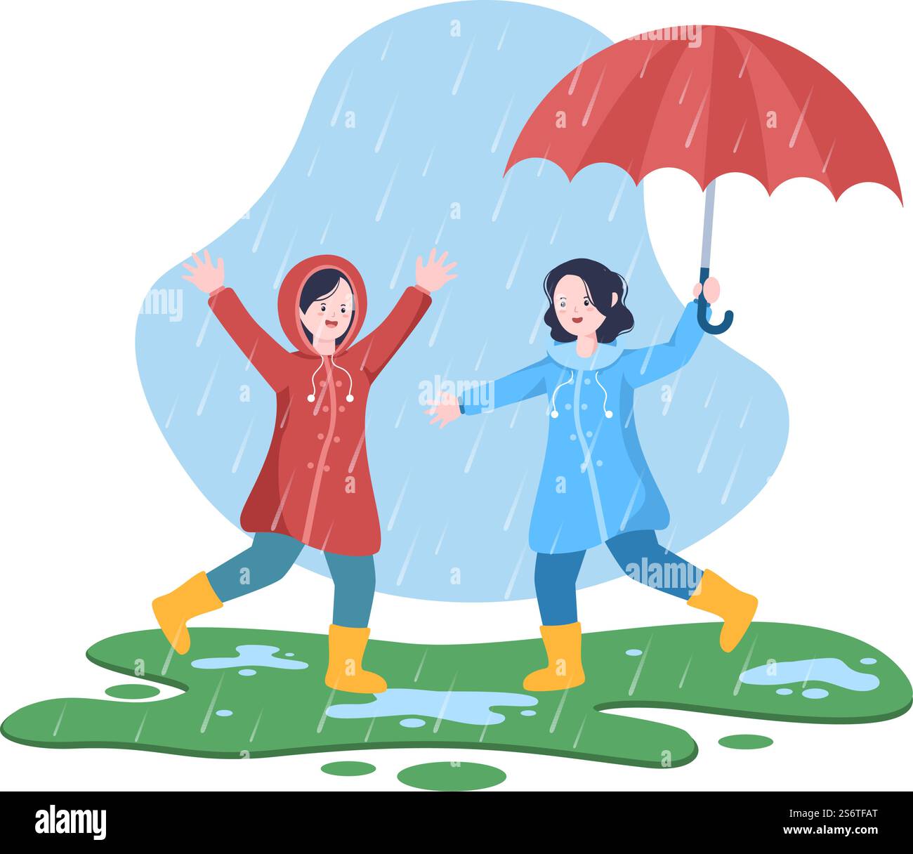 Cute Kid Wearing Raincoat, Rubber Boots and Carrying Umbrella In the Middle of Rain Showers ...
