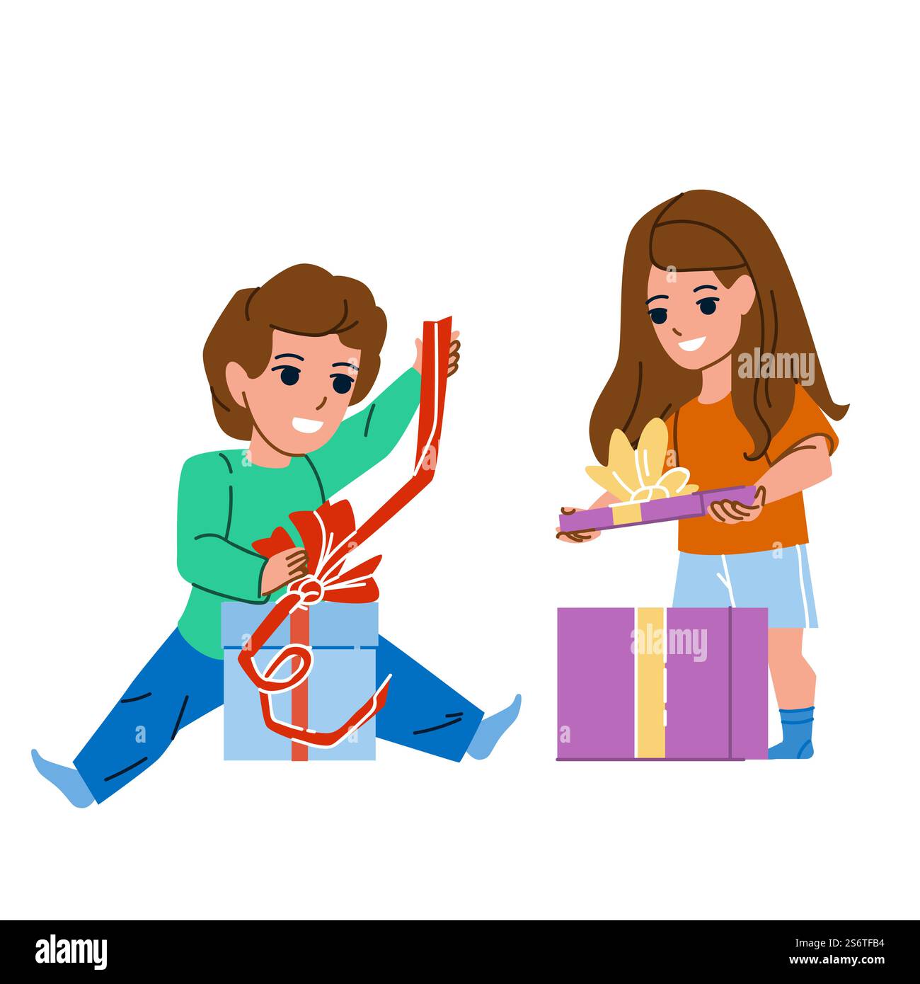 Boy And Girl Children Opening Gift Boxes Vector. Schoolgirl And ...