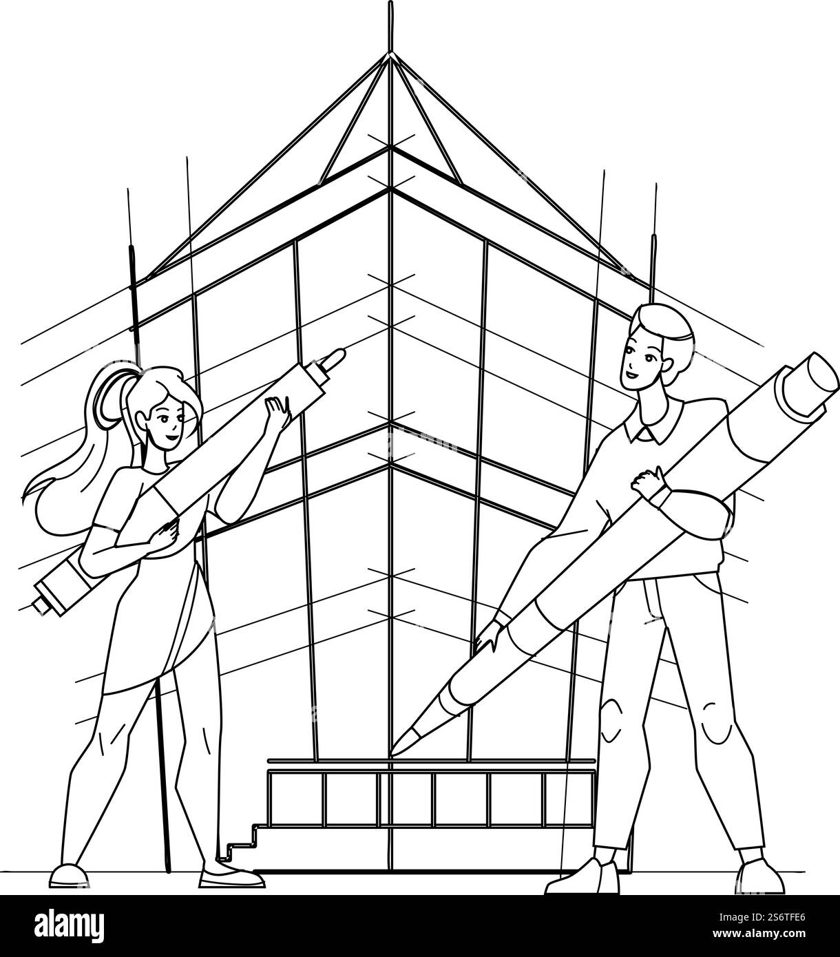 Building Design Man And Woman Architects Black Line Pencil Drawing ...