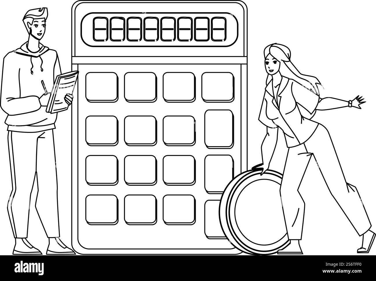 Budget Planning Young Man And Woman Couple Black Line Pencil Drawing ...