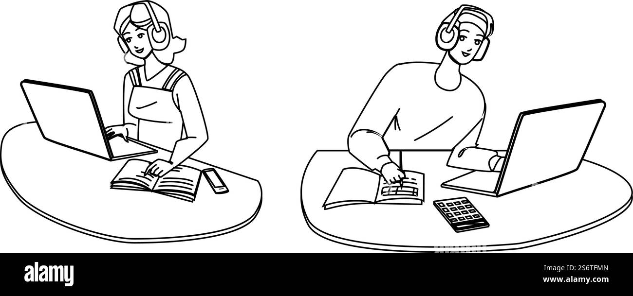 Student Couple Doing Homework On Laptop Black Line Pencil Drawing ...