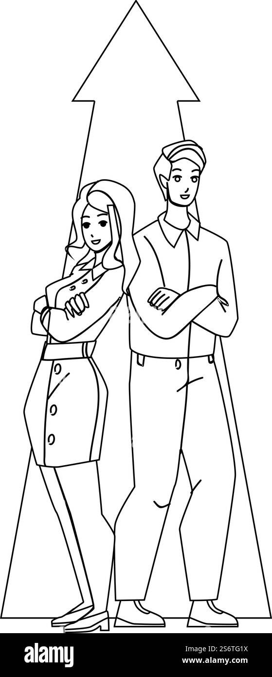 Economic Growth Business Man And Woman Black Line Pencil Drawing Vector ...