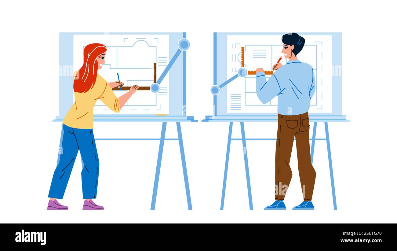 Architect Man And Woman Drawing On Board Vector. Architect Workers Draw ...