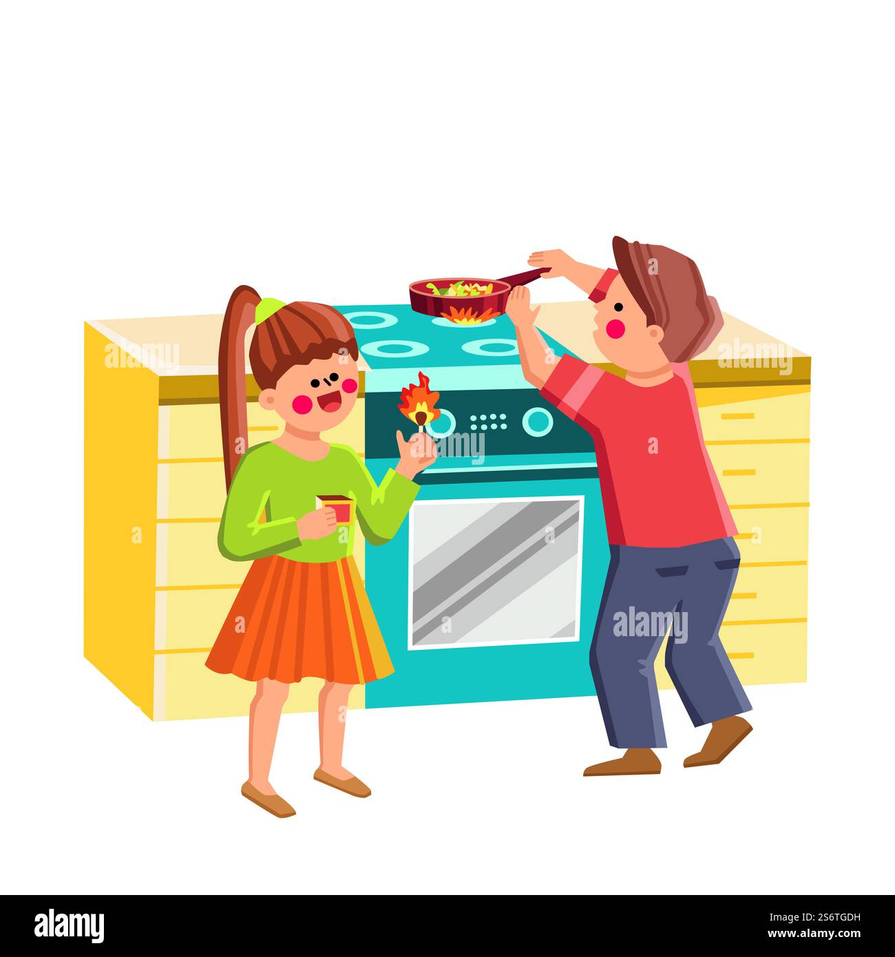 Children Dangerous Situations On Kitchen Vector. Girl Playing With ...