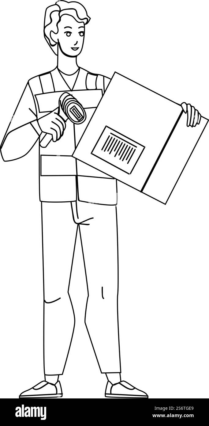 Deliverer Scanning Barcode On Carton Box Black Line Pencil Drawing ...