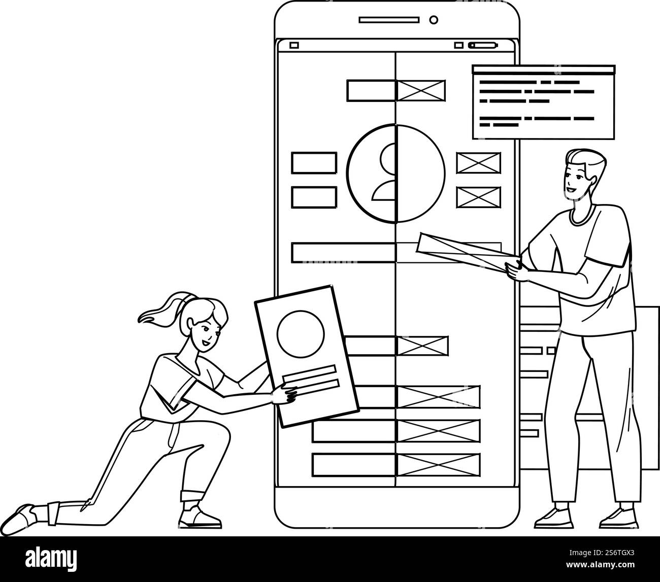 Mobile Ui And Ux Design Designer Business Black Line Pencil Drawing Vector. Man And Woman ...