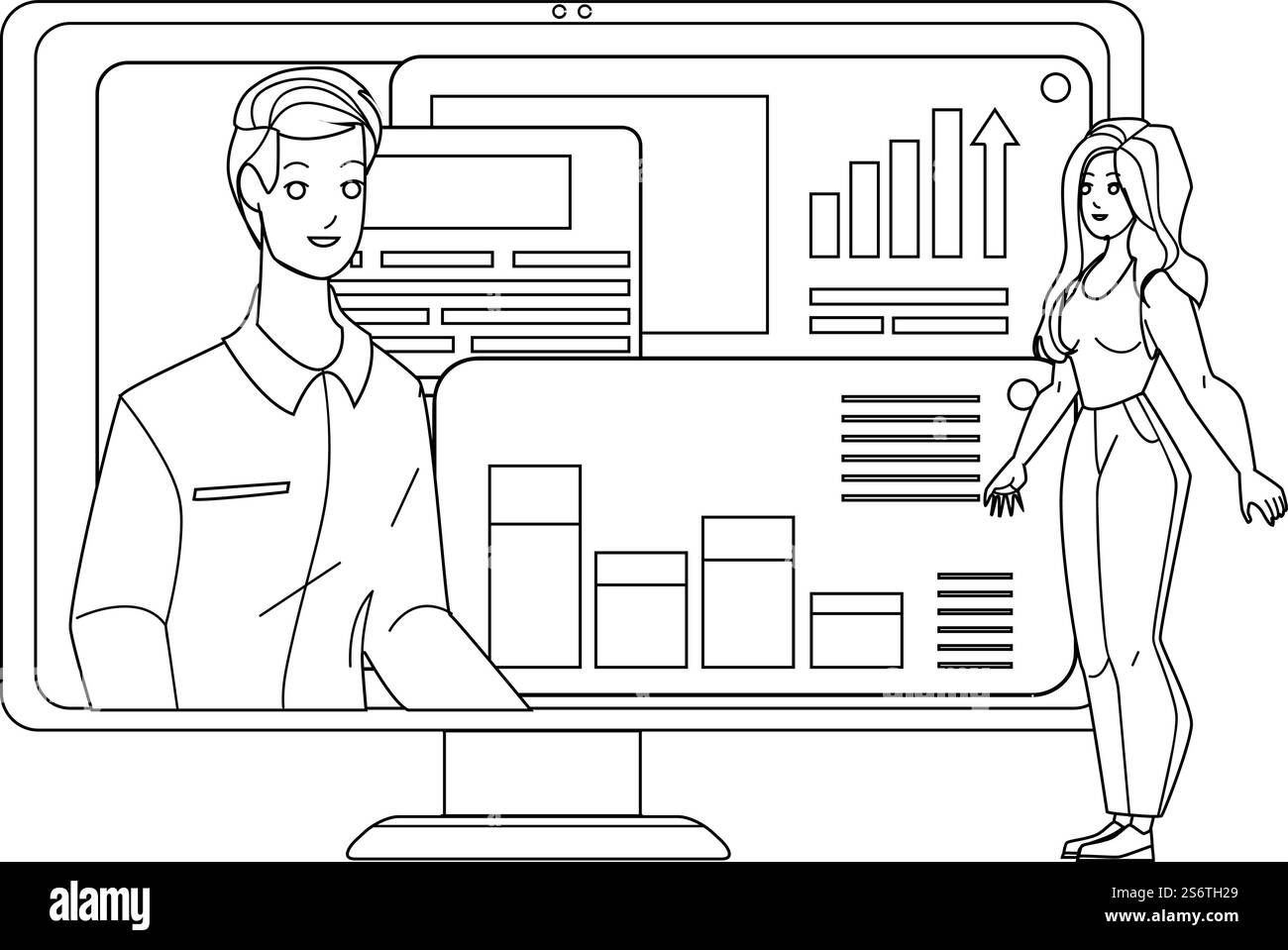 web presentation man woman design. Black Line Pencil Drawing Vector. report banner. online ...