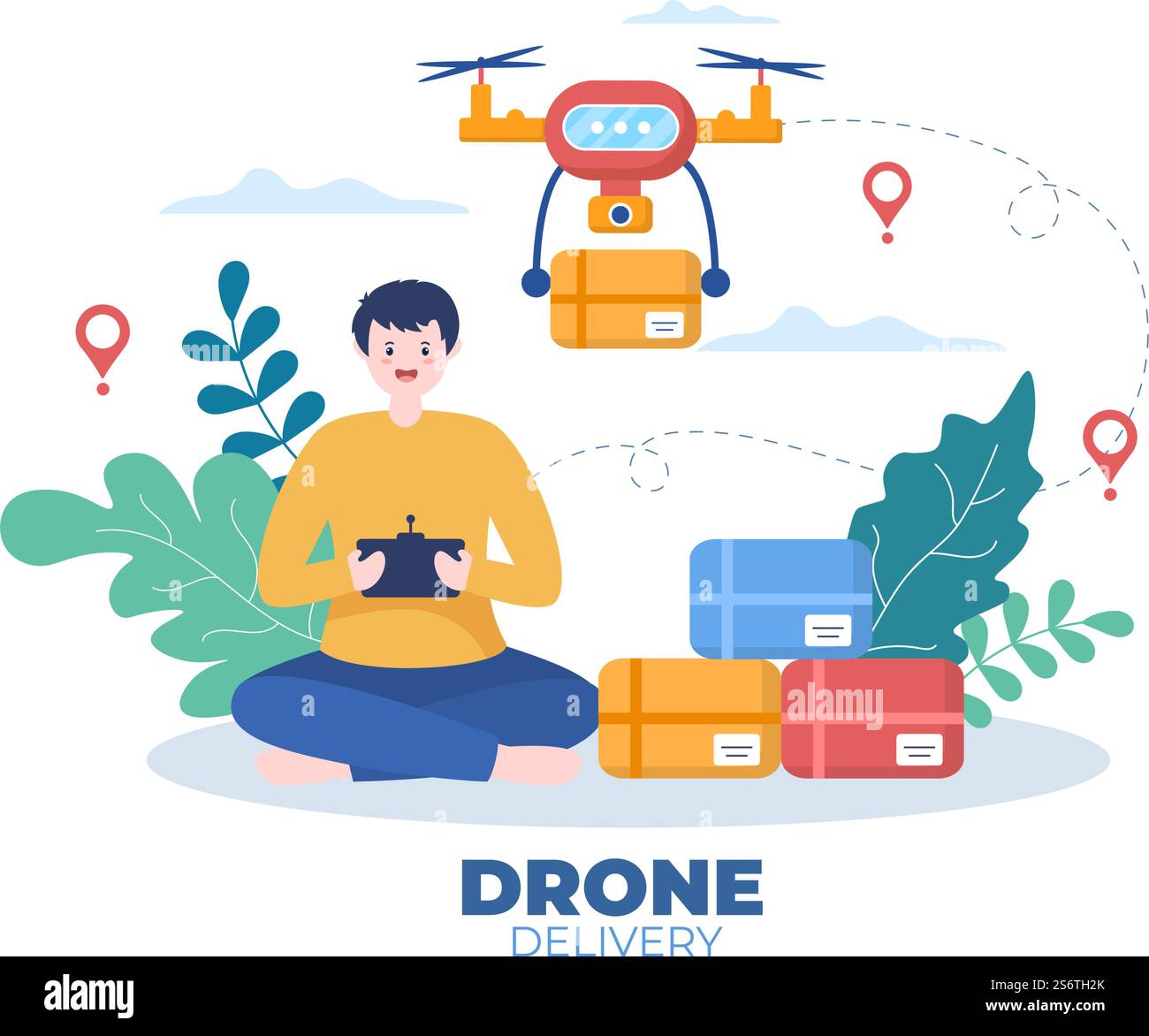 Delivery Service use Drone Background Vector Illustration. Employee ...