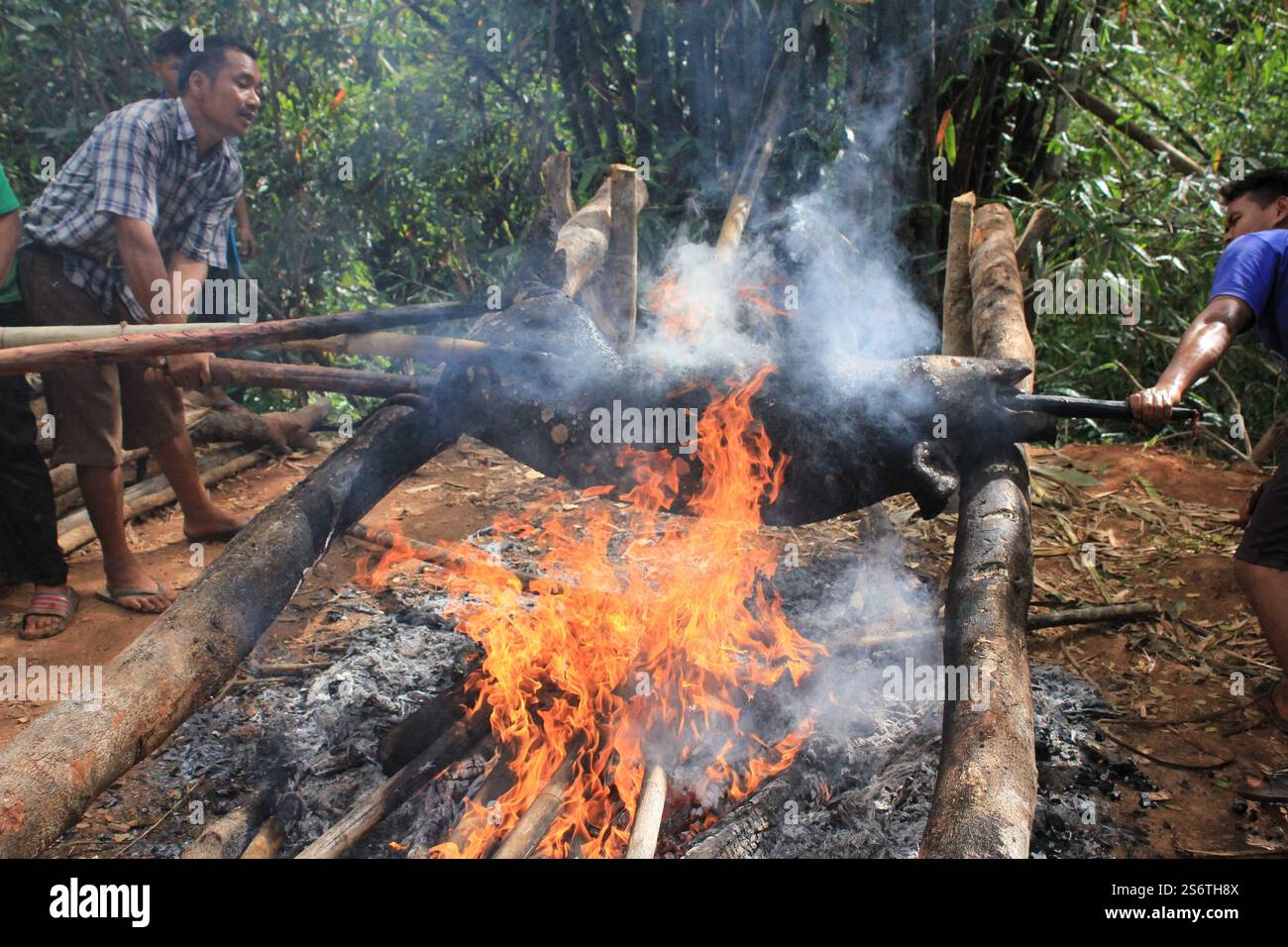 Karen men roast a pig before slicing it for a wedding meal near Maesot ...