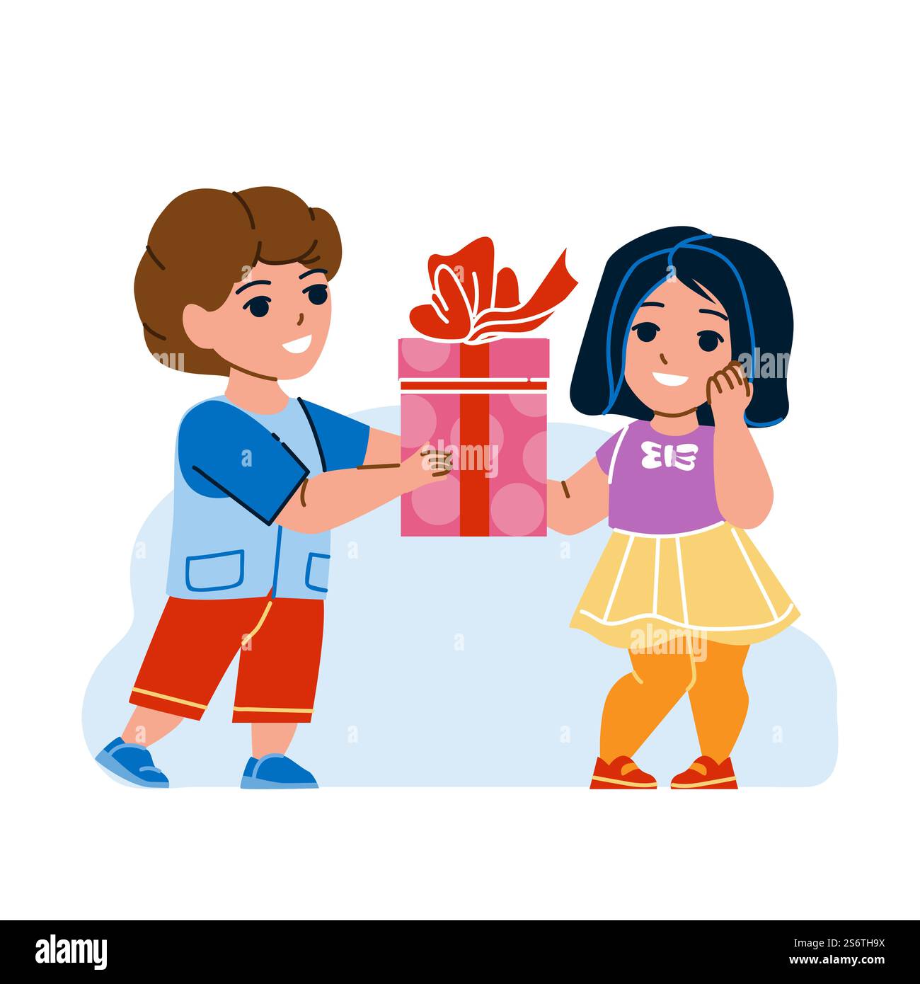Boy Give Gift To Girl Friend On Birthday Vector. Schoolboy Giving ...