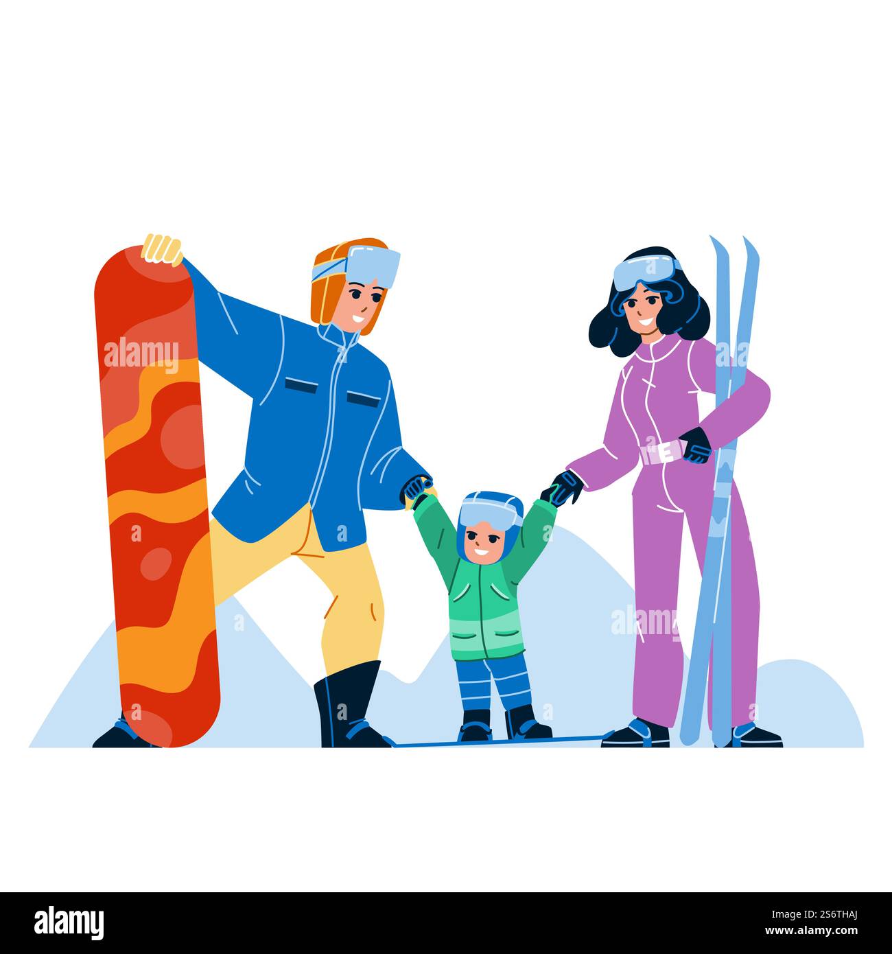 Snow Resort Enjoying And Skiing Family Vector. Father, Mother And Son ...