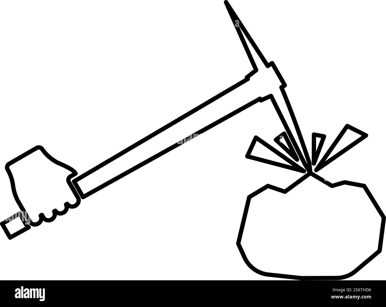 Pickaxe mining beats stones flying Holding in hand contour outline line icon black color vector ...