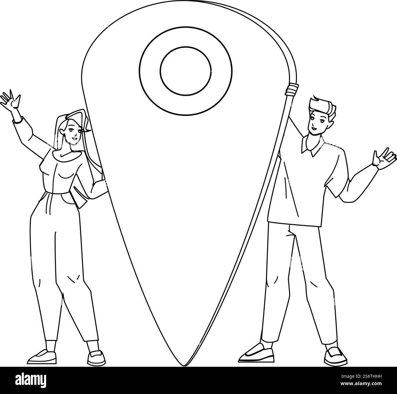 Man Location Searching Woman On Device Black Line Pencil Drawing Vector ...