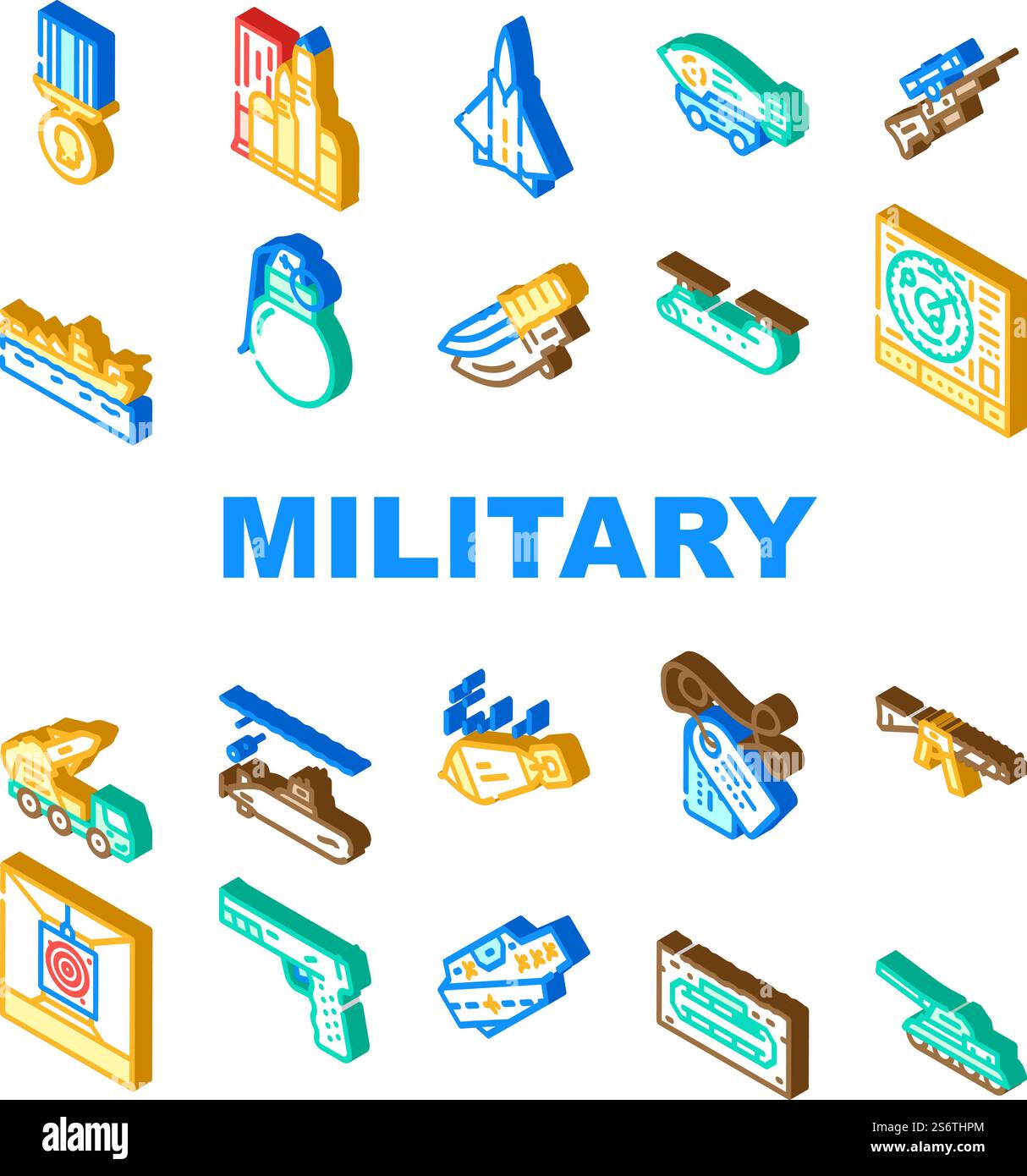 Military Weapon And Transport Icons Set Vector. Military Nuclear Bomb ...