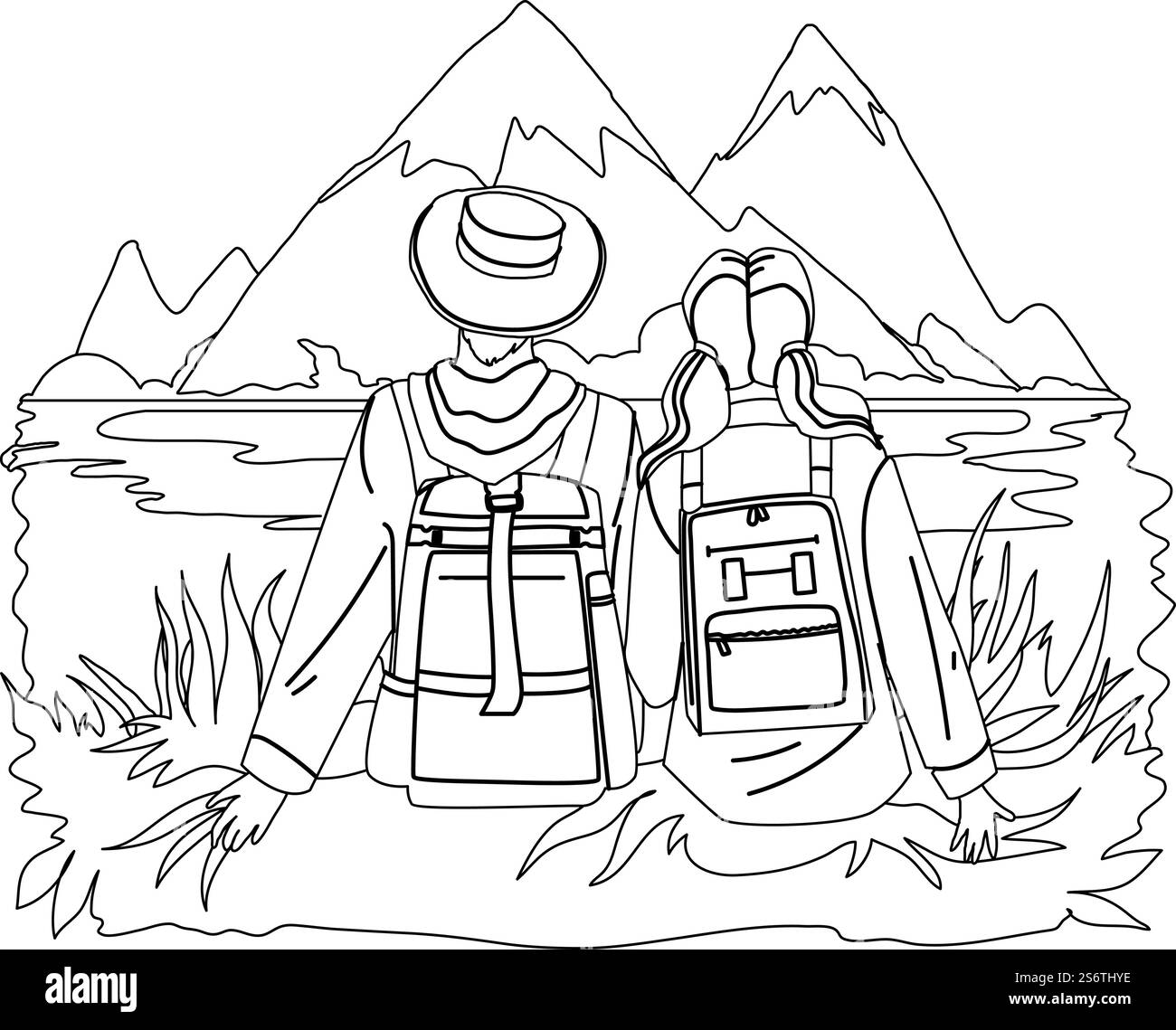 Travelers Trekking Couple Nature Adventure Black Line Pencil Drawing ...