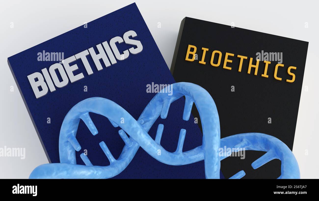 A 3d rendering of solid book titled "BIOETHICS" and a DNA double helix ...