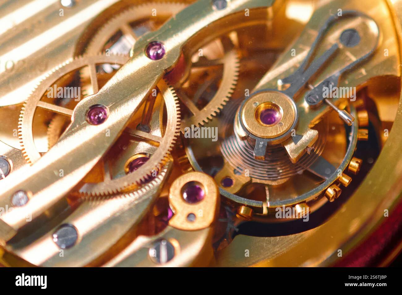 Intricate mechanics revealed in a close-up view of a golden watch ...