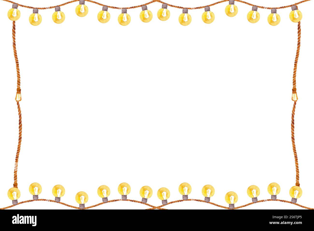 String lights, watercolor horizontal frame isolated on white. Hand ...