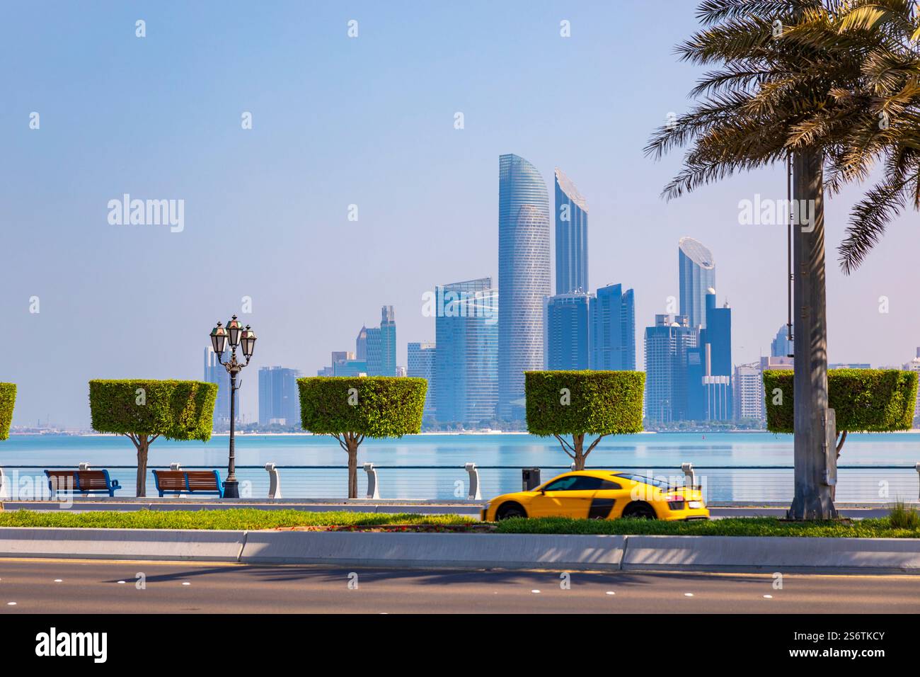 United Arab Emirates, Abu Dhabi. The skyscrapers making up the Corniche ...