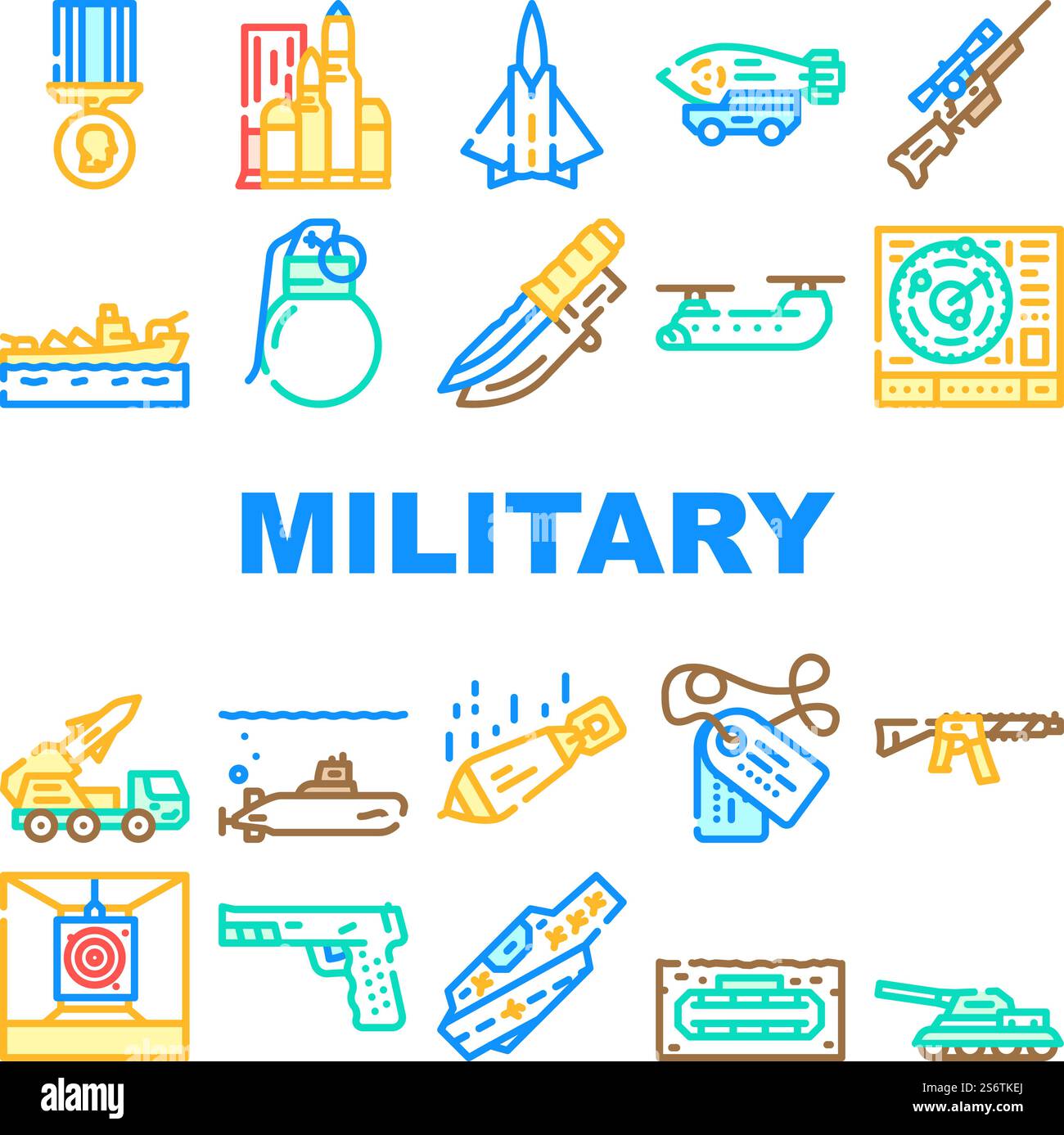 Military Weapon And Transport Icons Set Vector. Military Nuclear Bomb ...
