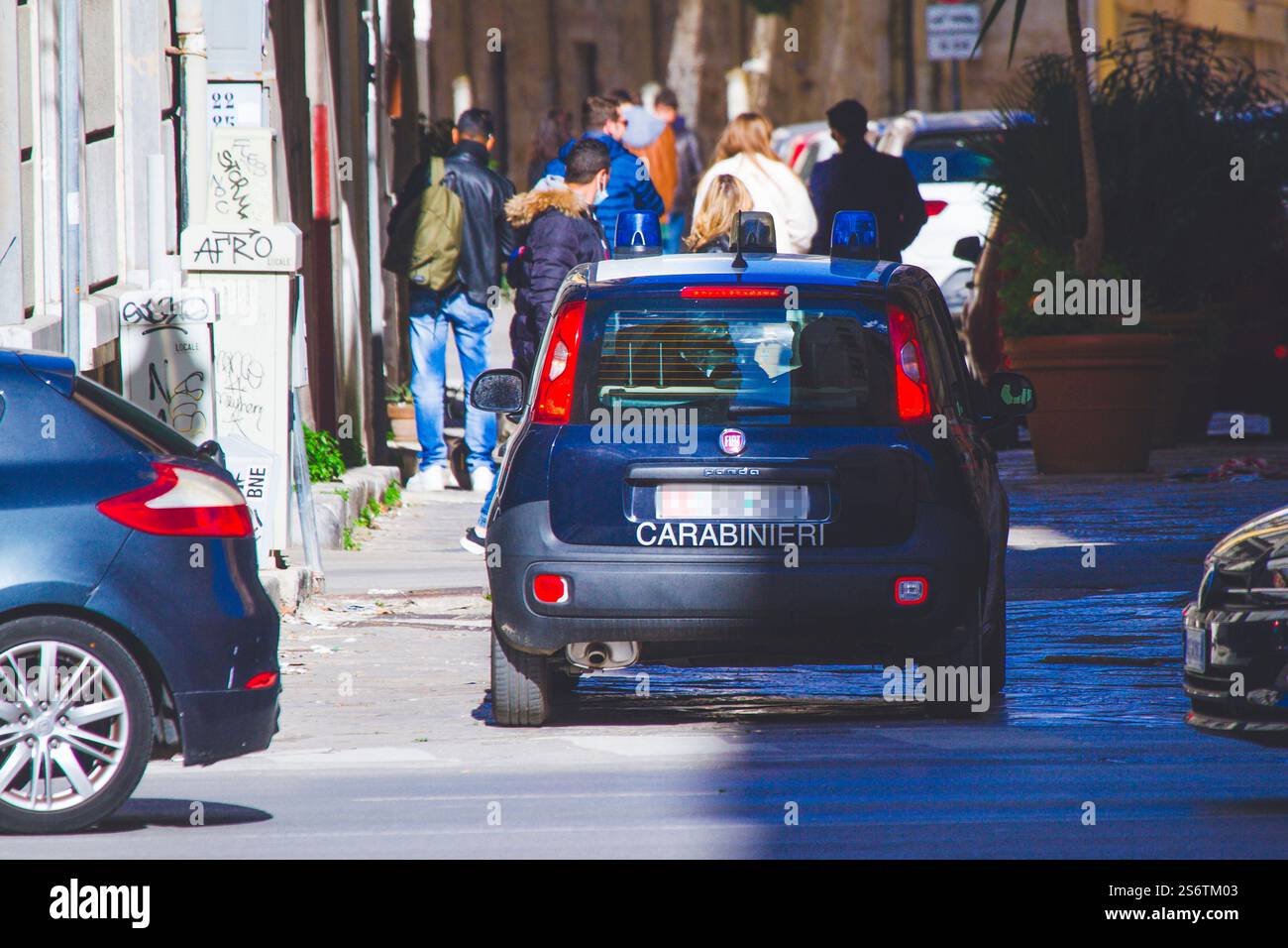 Italy, Sicily, Palermo, small police car, in a downtown street ...
