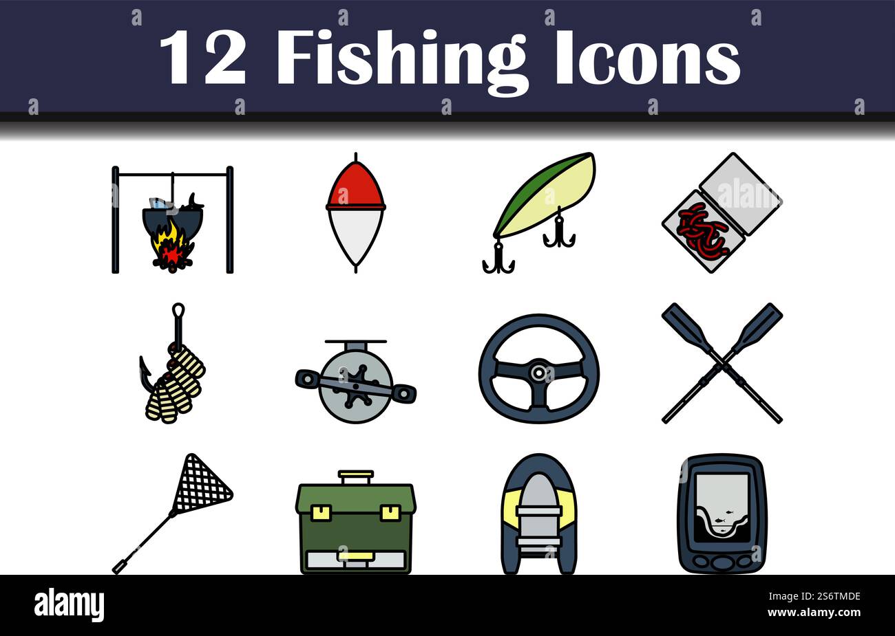 Fishing Icon Set. Editable Bold Outline With Color Fill Design. Vector ...