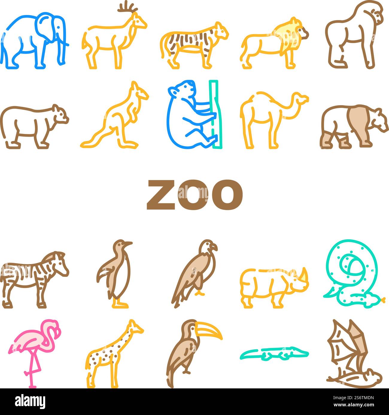 Zoo Animals, Birds And Snake Icons Set Vector. Tiger And Elephant, Bear ...