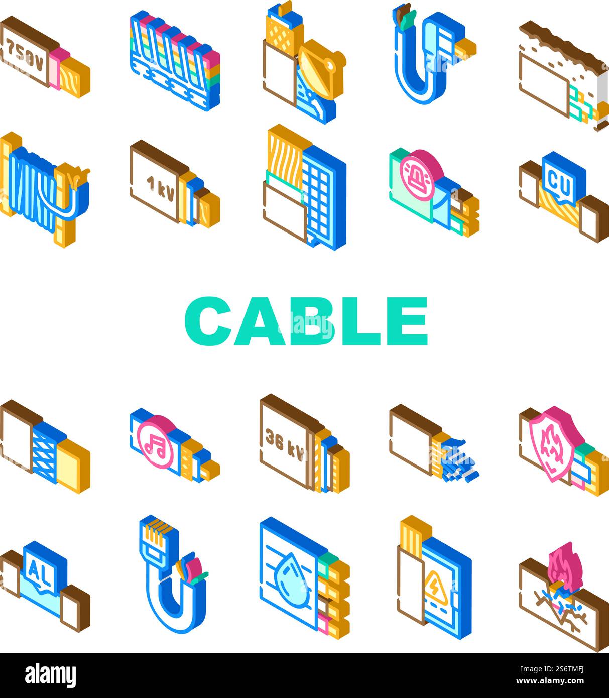 Cable Wire Electrical System Icons Set Vector. Optic And Internet Cable Wire, Fire Resistance ...
