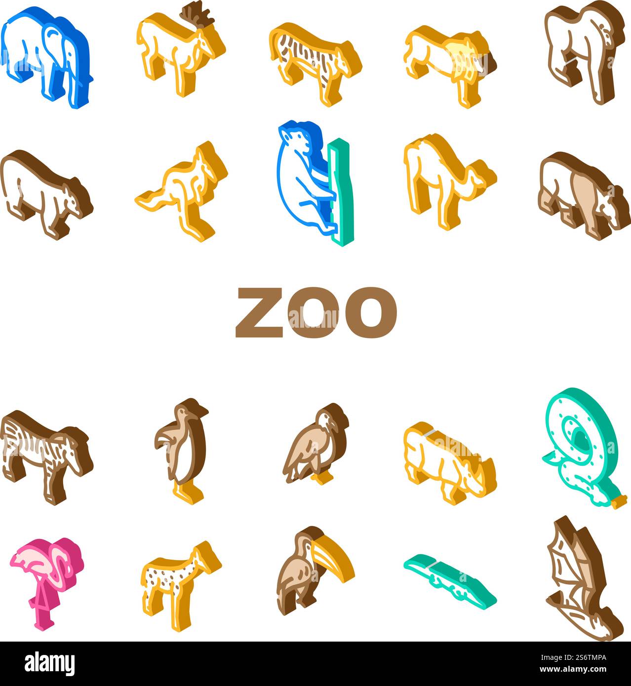 Zoo Animals, Birds And Snake Icons Set Vector. Tiger And Elephant, Bear ...