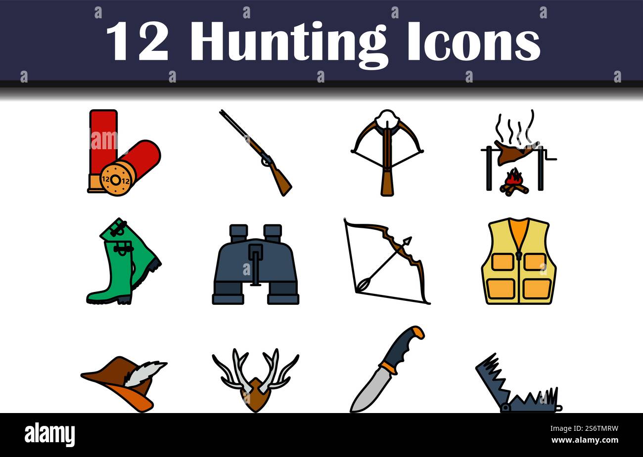 Hunting Icon Set. Editable Bold Outline With Color Fill Design. Vector ...
