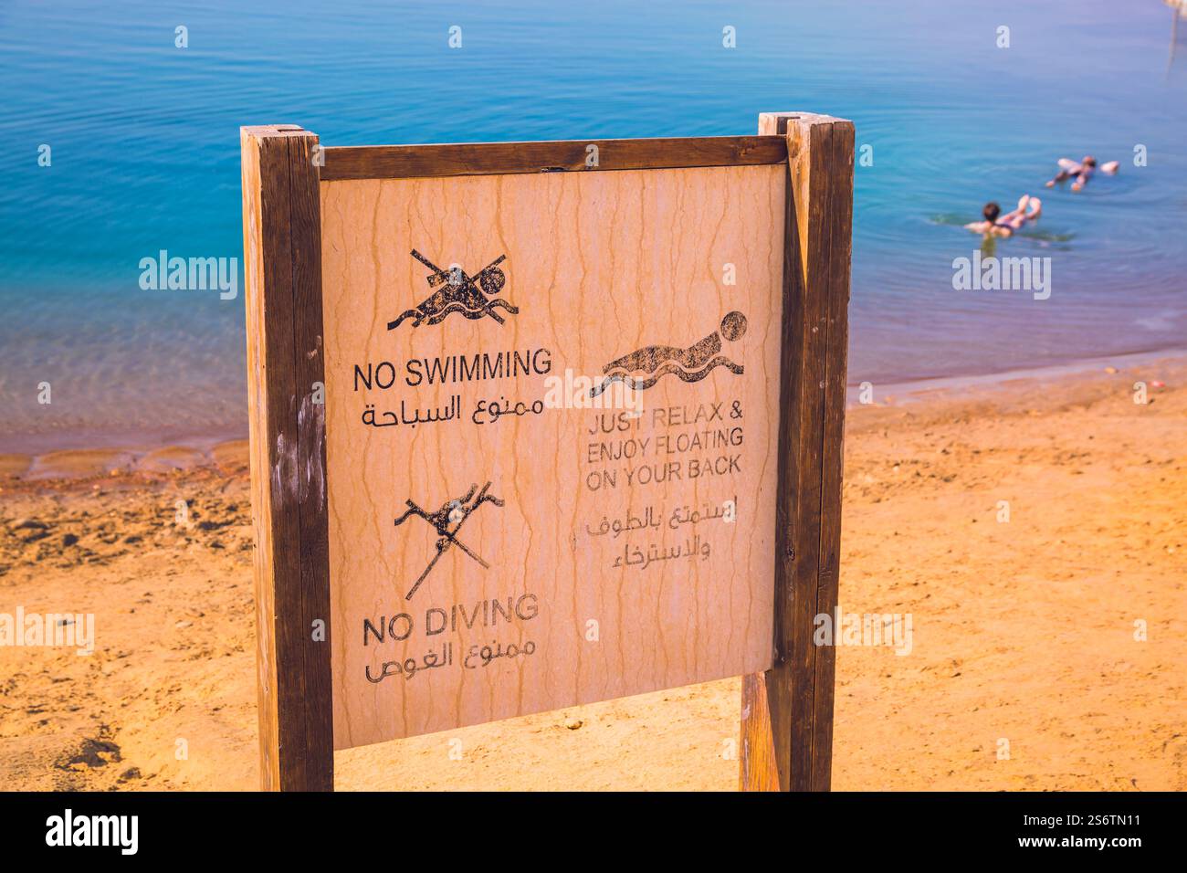 Jordan, Middle East, Dead Sea, signs, indicating what not to do Stock ...