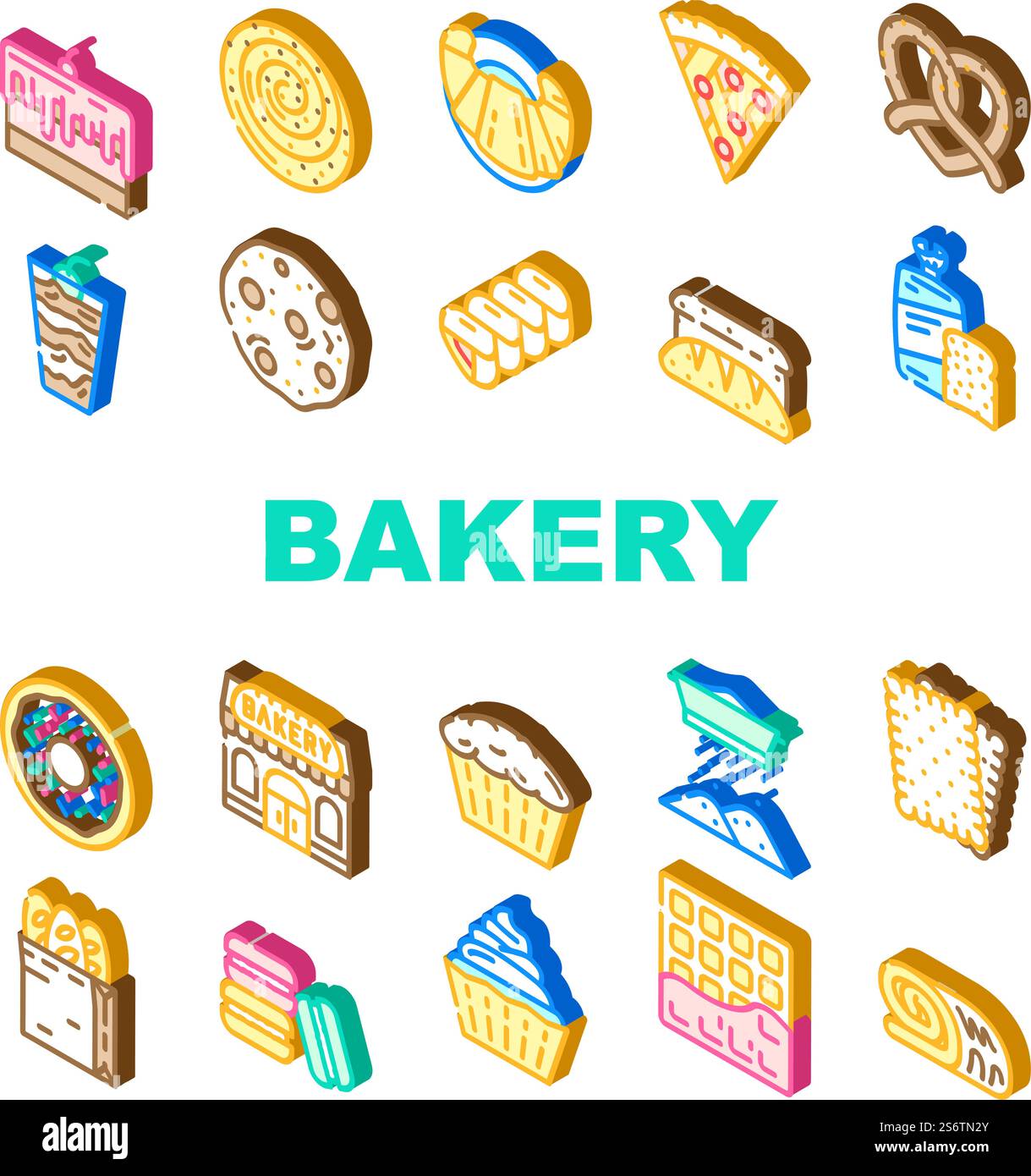 Bakery Delicious Dessert Food Icons Set Vector. Bakery Pretzel And Cake ...