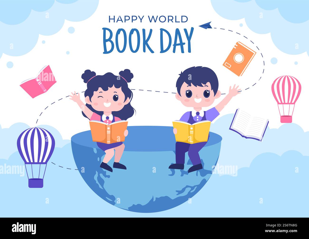 World Book Day Flat Cartoon Background Illustration with Children . Stack of Books to Reading ...