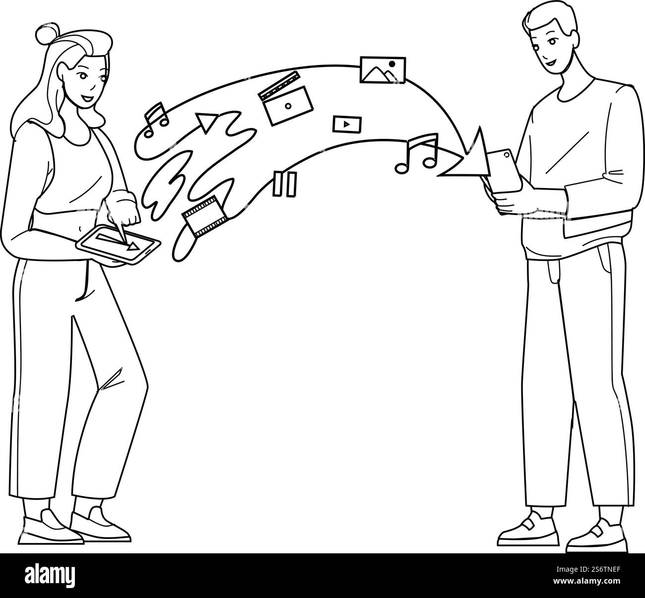 Content Sharing On Smartphone Man And Woman Black Line Pencil Drawing ...