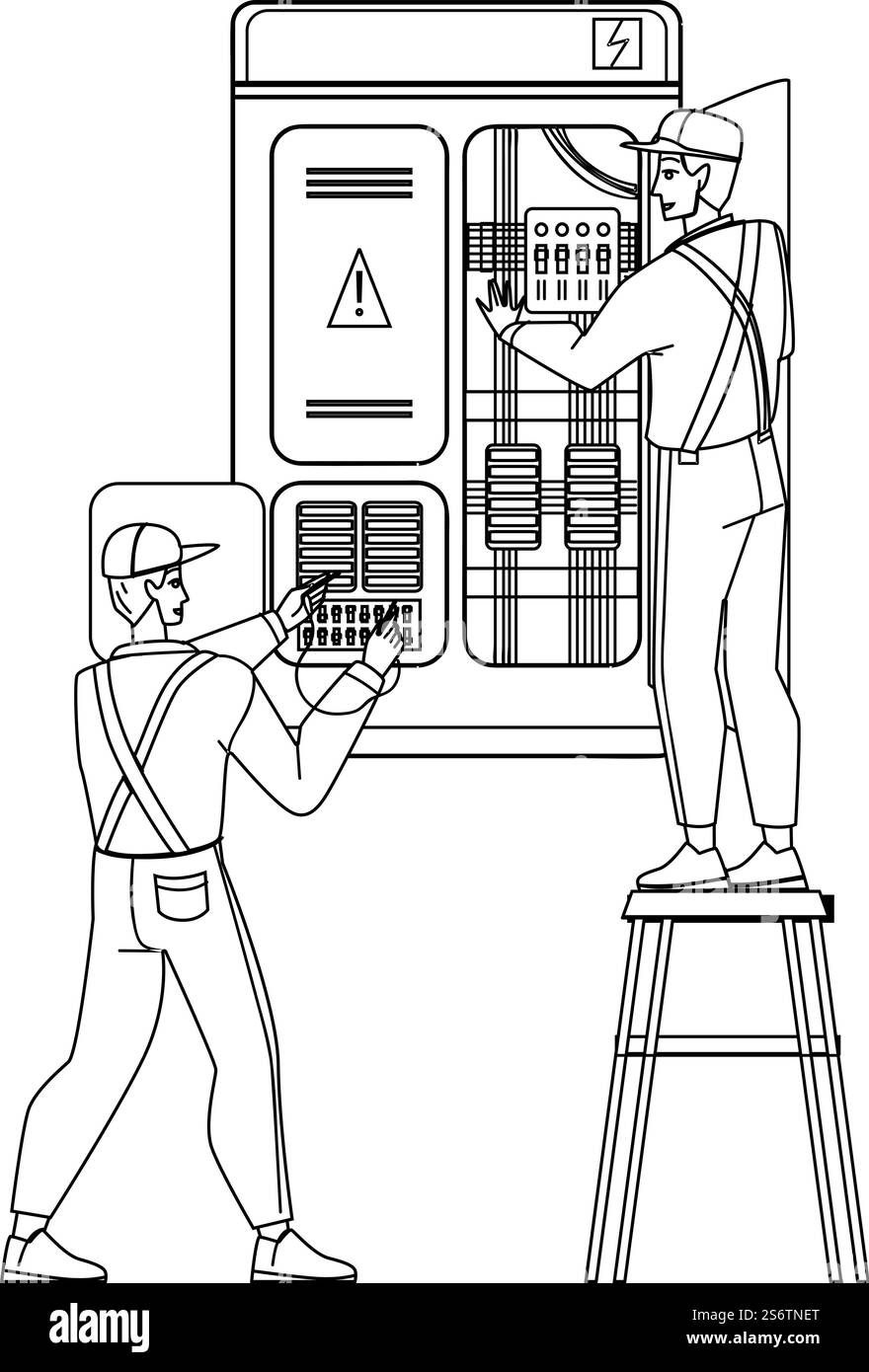 Electrical Engineering Cabinet Workers Black Line Pencil Drawing Vector ...