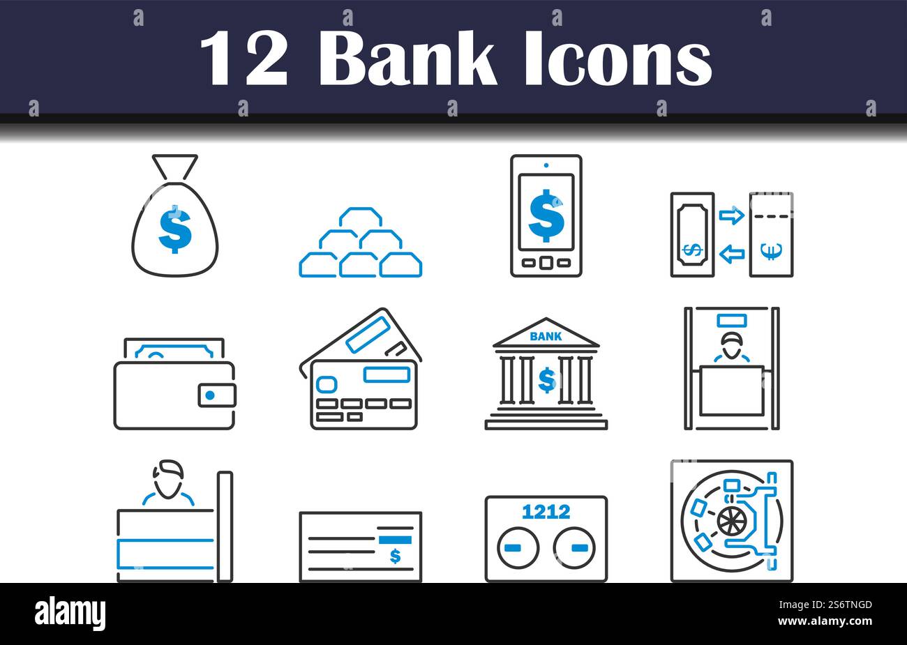 Bank Icon Set. Editable Bold Outline With Color Fill Design. Vector ...