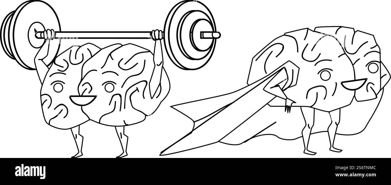 Brain Training With Barbell And Superhero Black Line Pencil Drawing ...