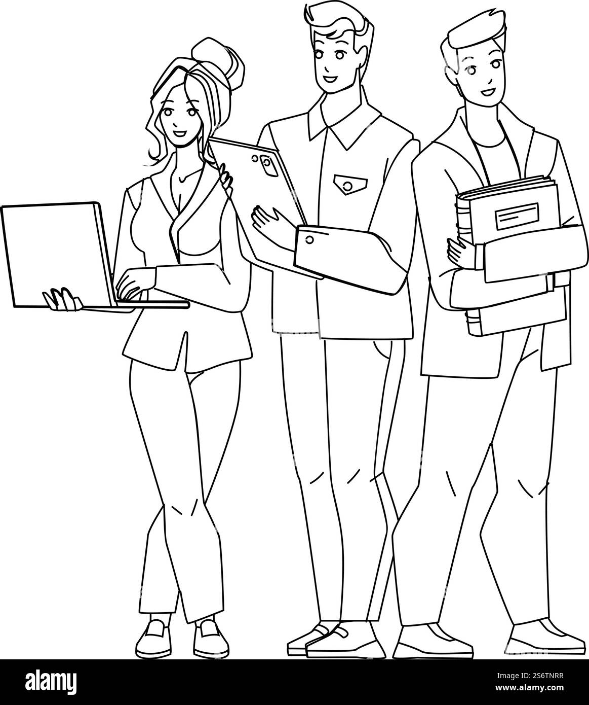 Office Team Colleagues Working Together Black Line Pencil Drawing ...