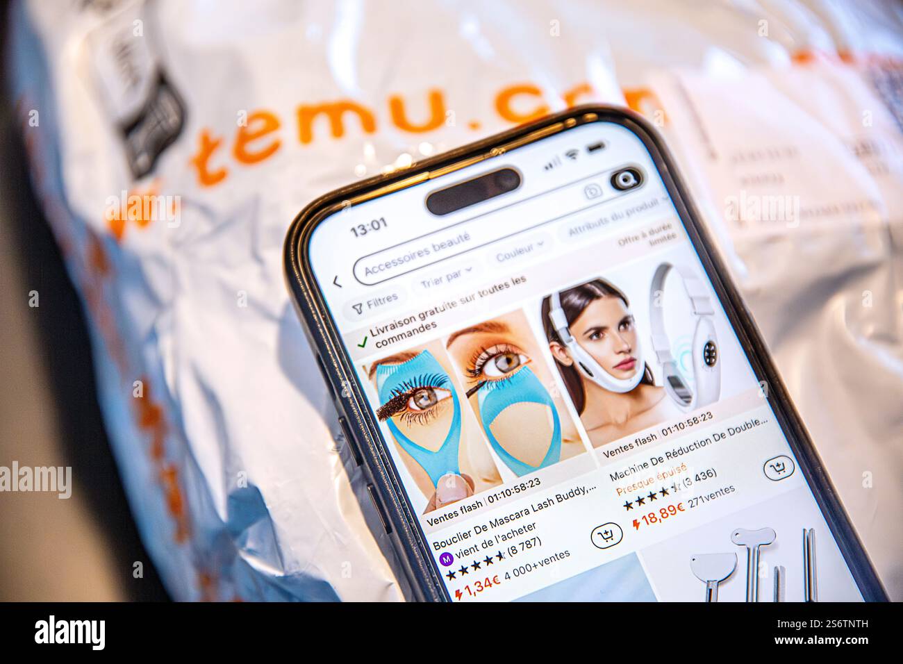 Bag of products sold by the Temu site via the application Stock Photo ...