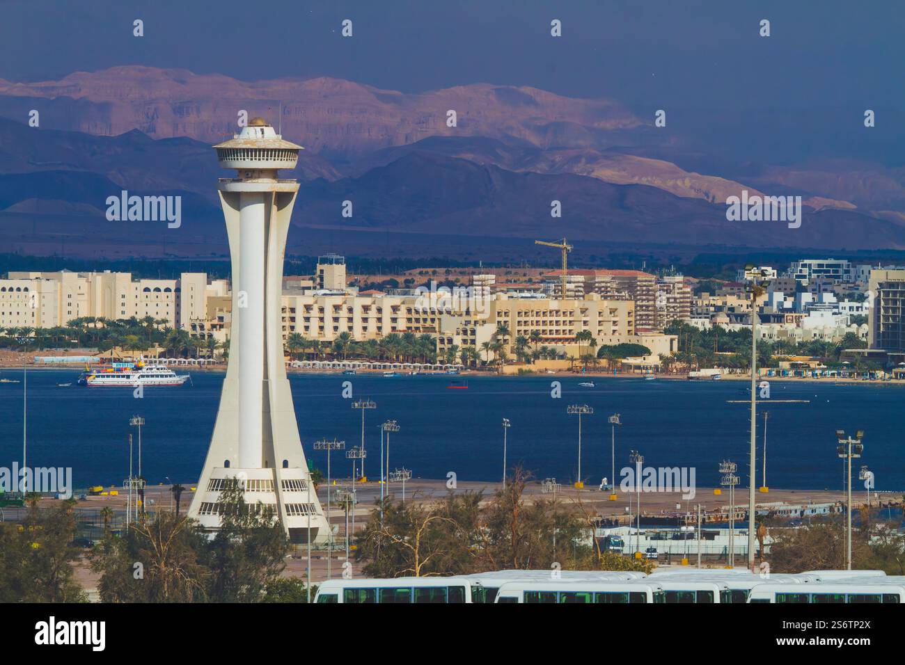 Middle East, Jordan, Aqaba. Gulf of Aqaba. The Port. Captaincy Tower ...