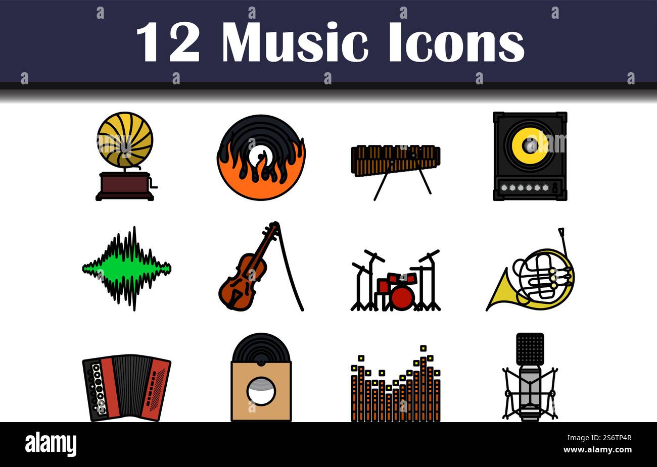 Music Icon Set. Editable Bold Outline With Color Fill Design. Vector ...