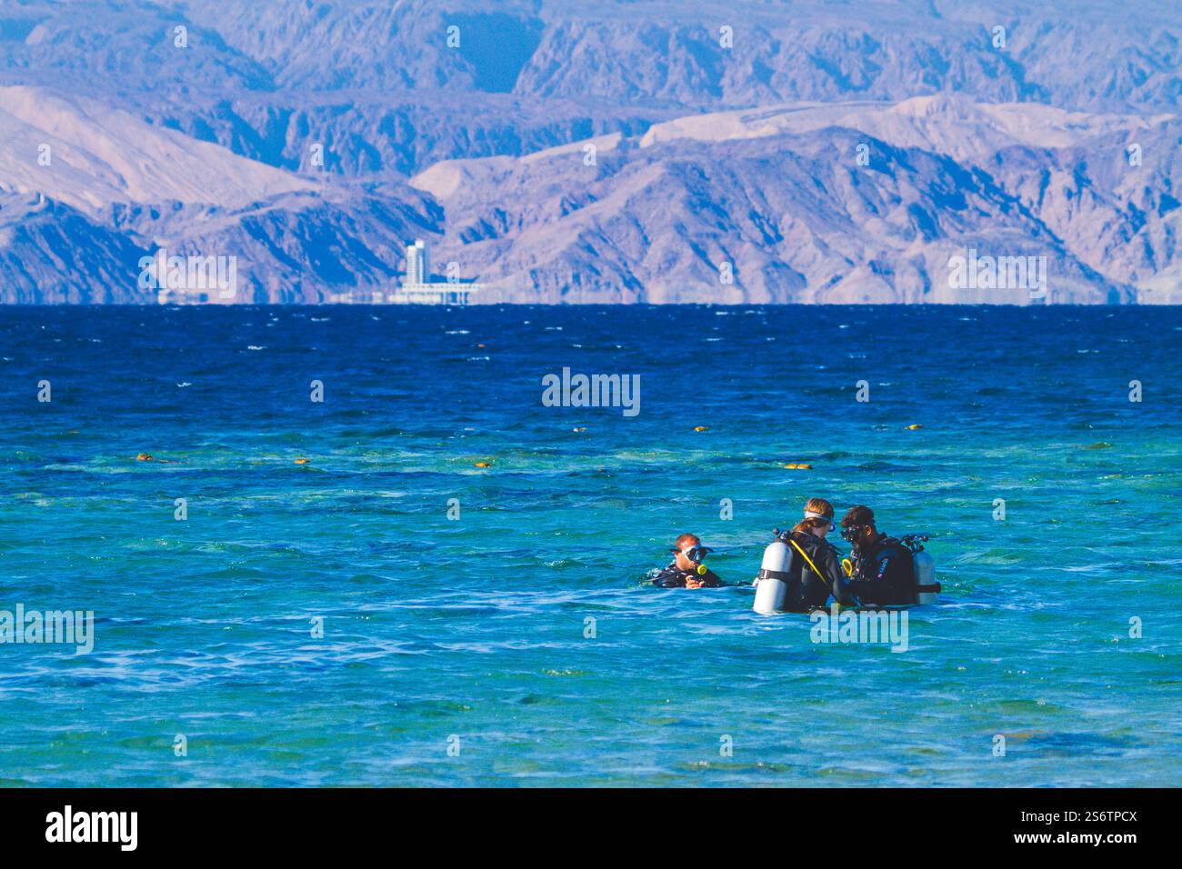 Middle East, Jordan, Aqaba, scuba diving in the background, Israeli ...