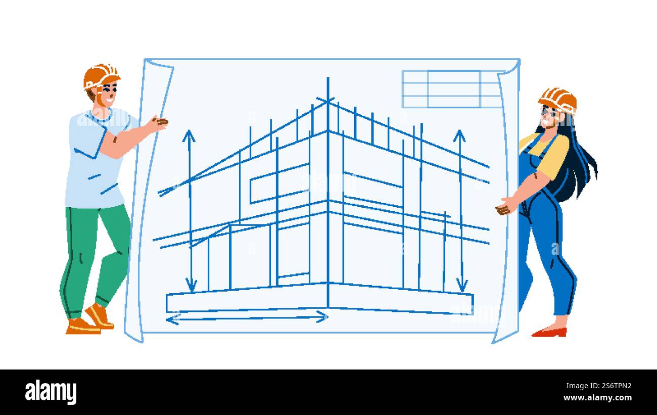 Architectural Project Develop Engineers Vector. Man And Woman Drawing ...