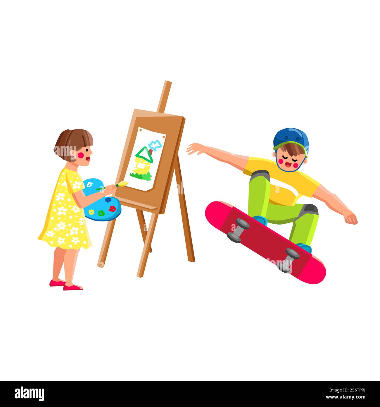 Boy And Girl Children Hobbies Activities Vector. Schoolgirl Drawing ...