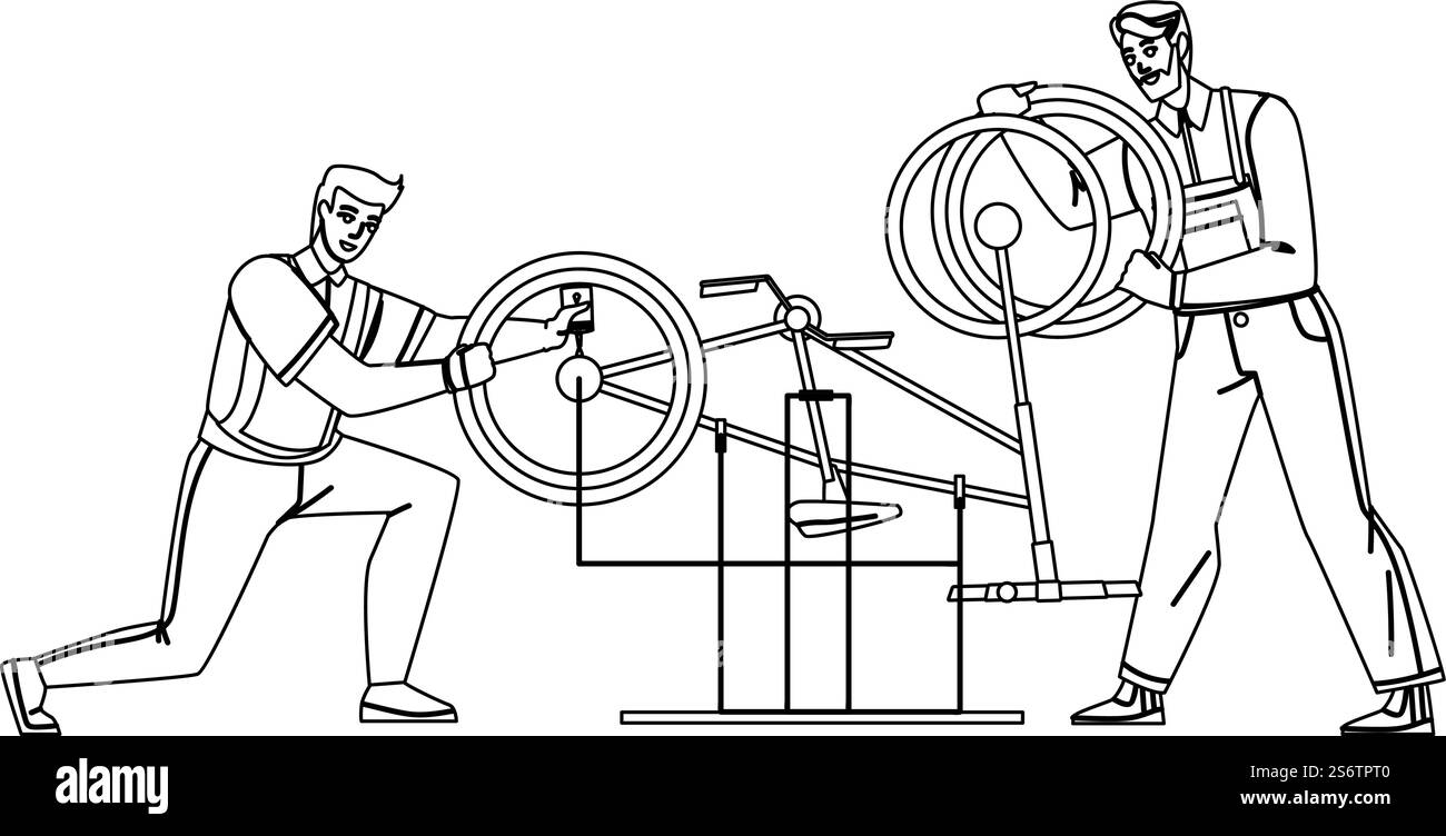 Bicycle Repair Service Men Workers Fixing Black Line Pencil Drawing ...