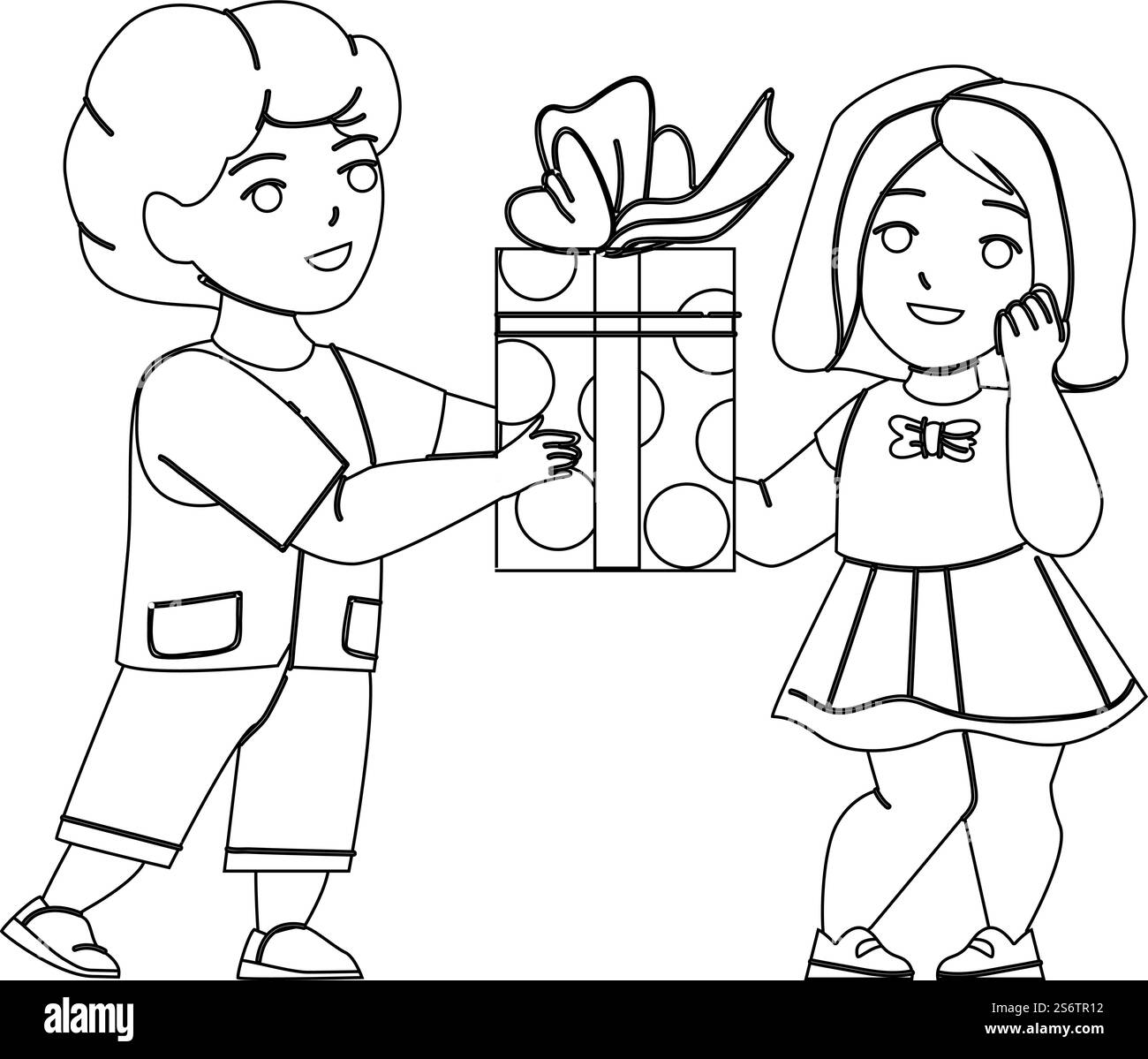 Boy Give Gift To Girl Friend On Birthday Black Line Pencil Drawing ...