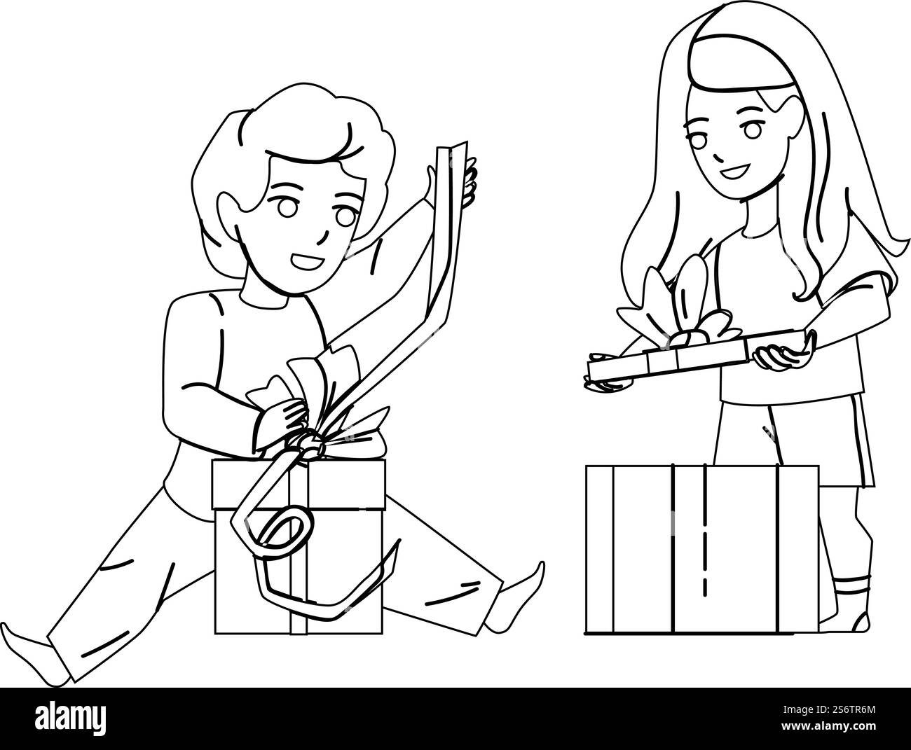 Boy And Girl Children Opening Gift Boxes Black Line Pencil Drawing ...