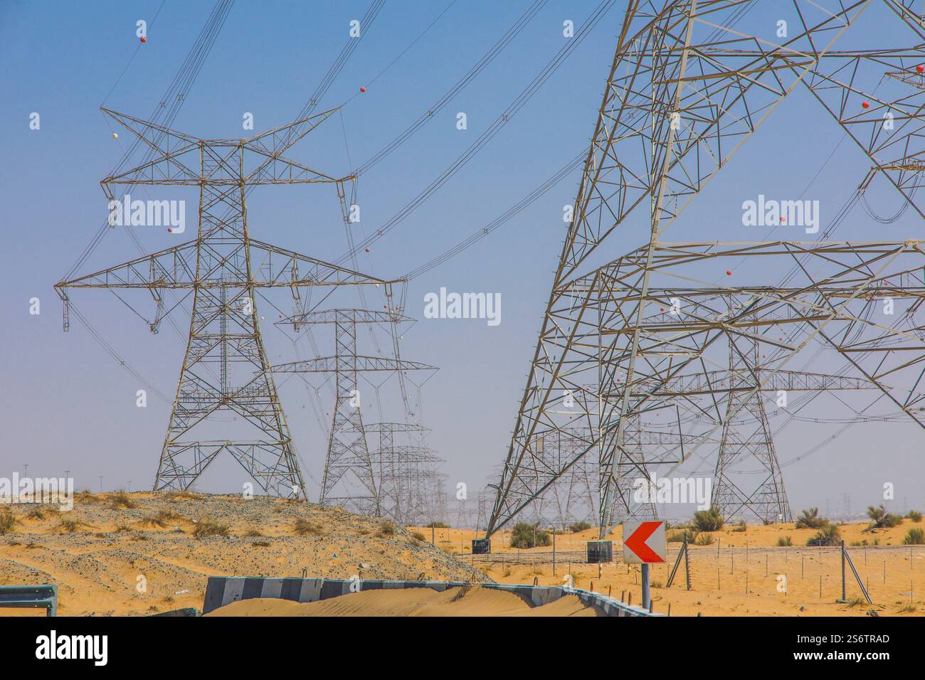 United Arab Emirates, Middle East, Dubai. The desert. High voltage ...