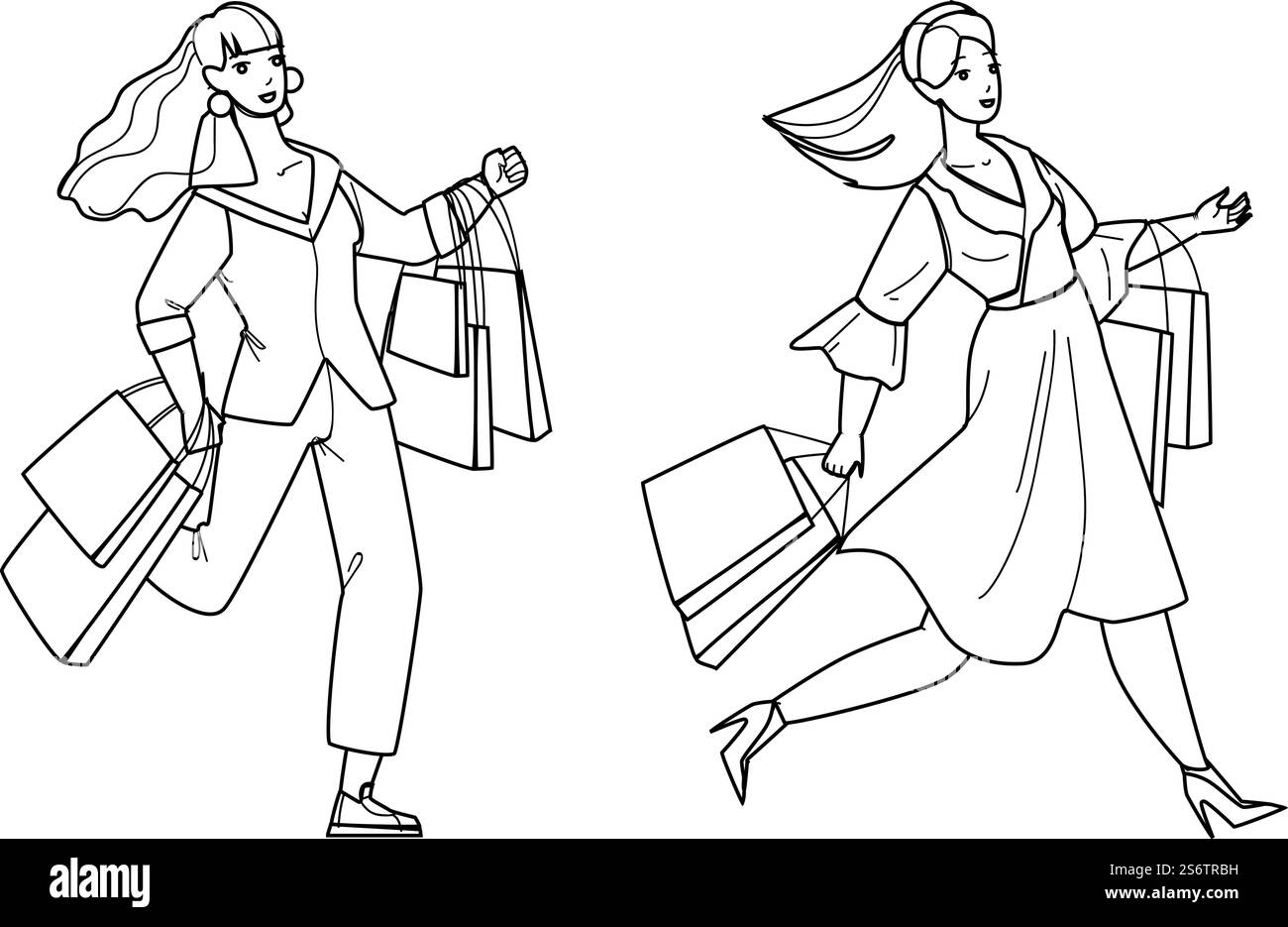 Women Running On Sale Shopping Together Black Line Pencil Drawing ...